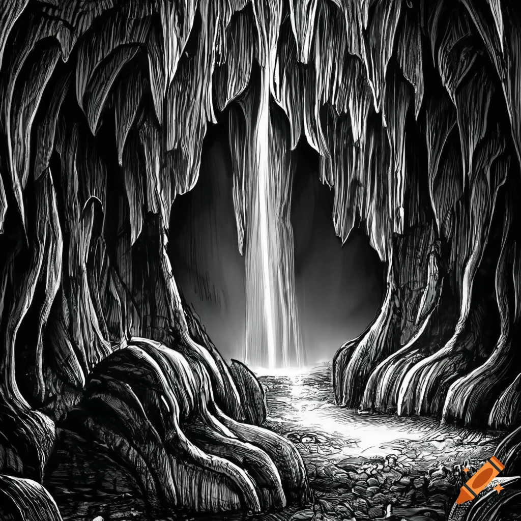 A hand-drawn black and white book illustration of a spacious dark ...