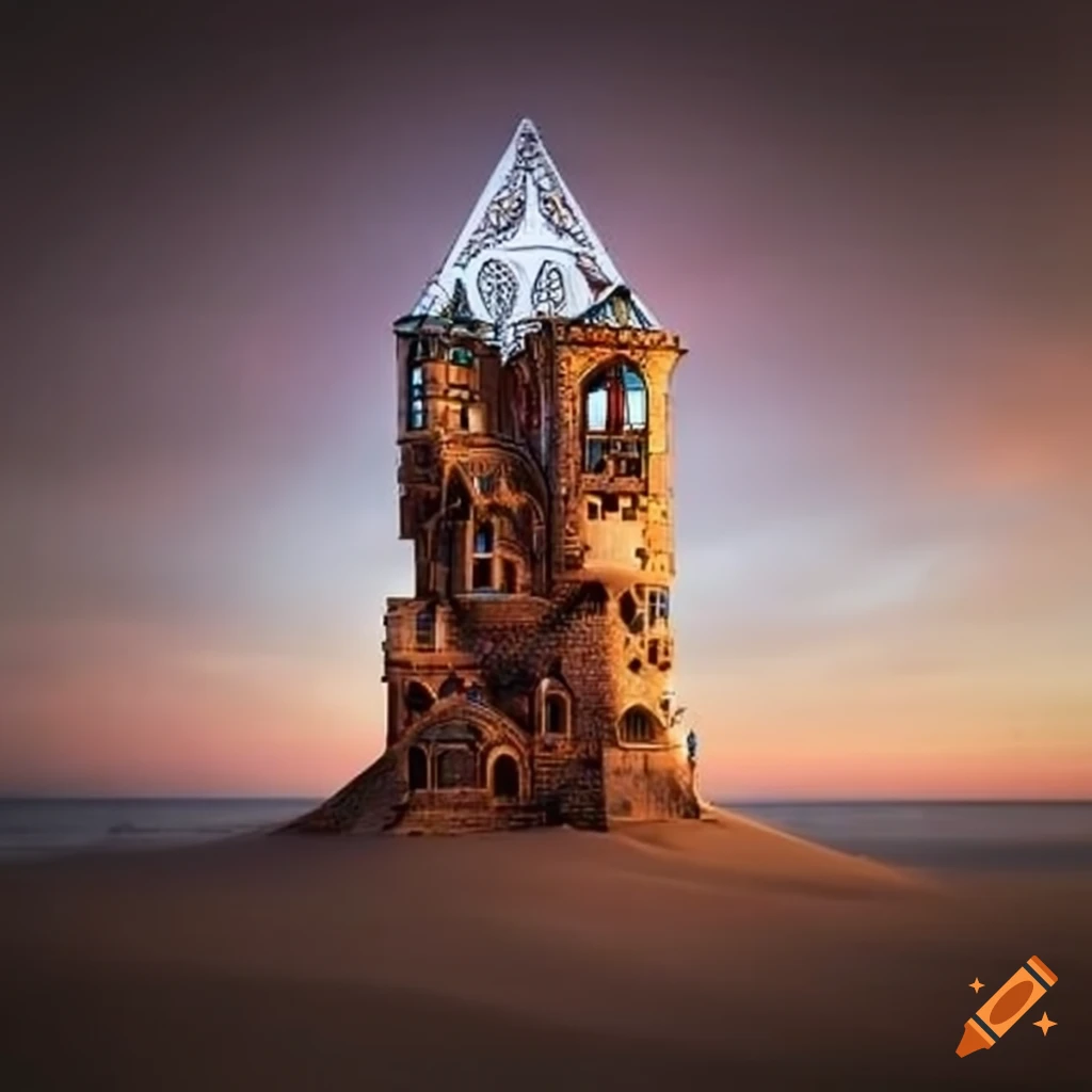 An intricate playing card tower on sandy seashore