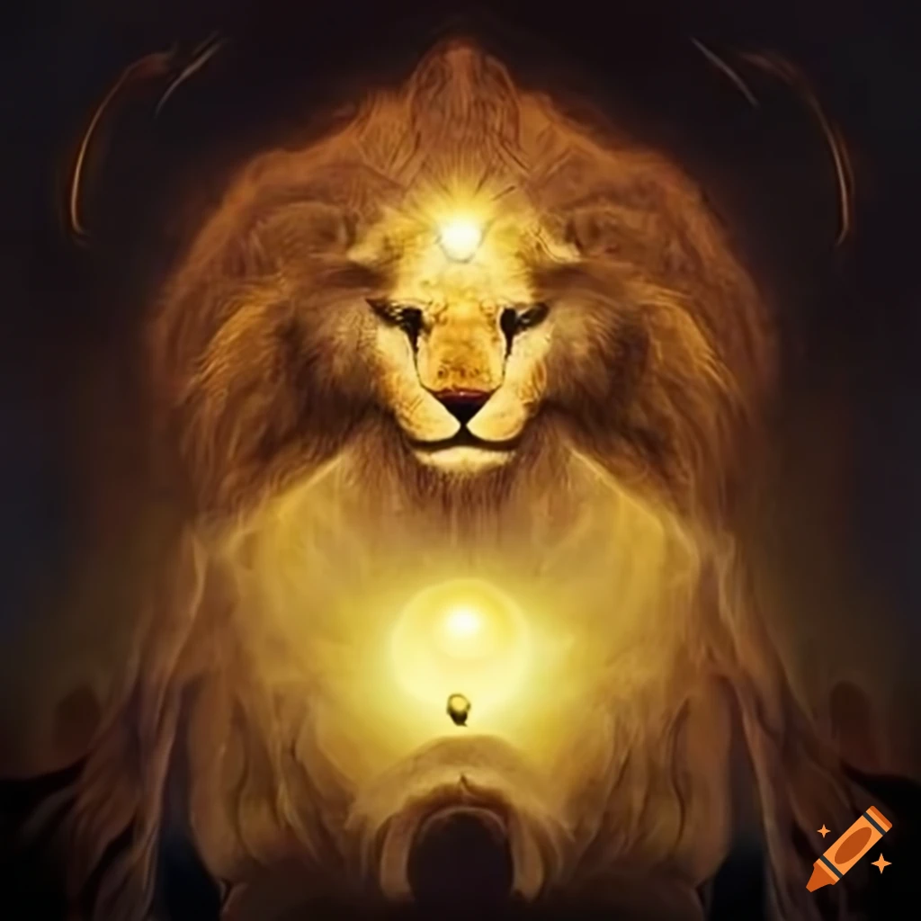 Envision a celestial scene, lit by a supernatural golden glow. At the ...