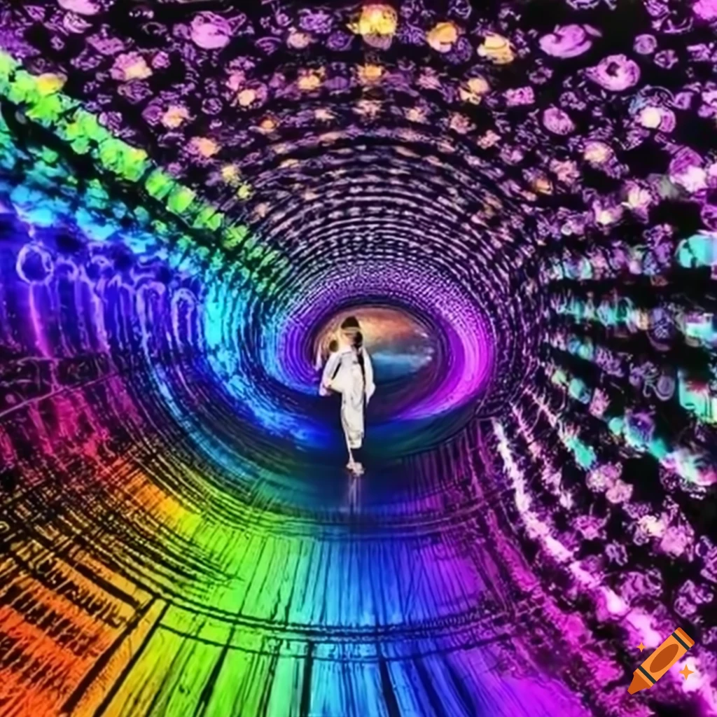 A colorful and ethereal space tunnel, endlessly stretching beyond sight