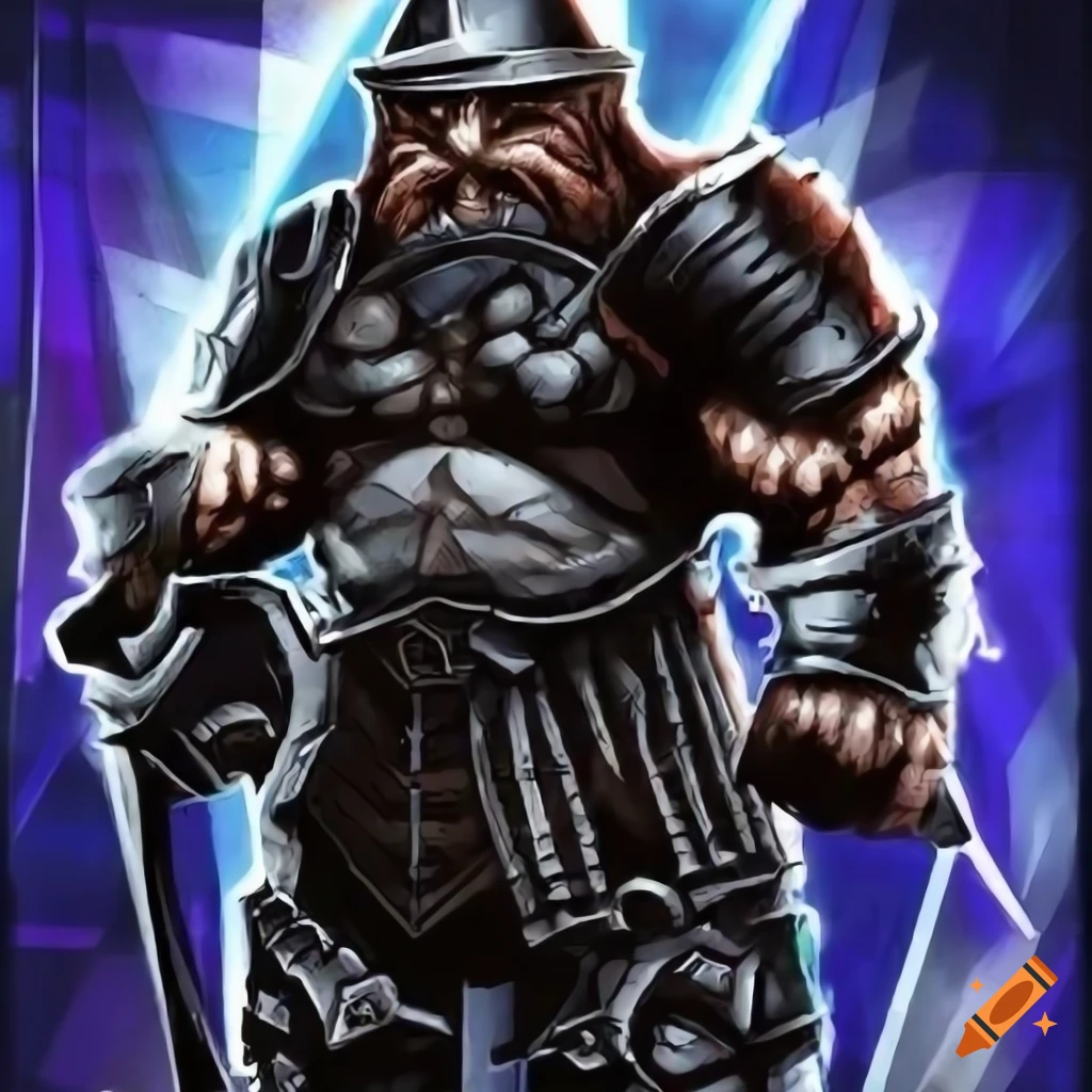 Card artwork of a medieval fantasy dwarf gladiator over very low bright ...