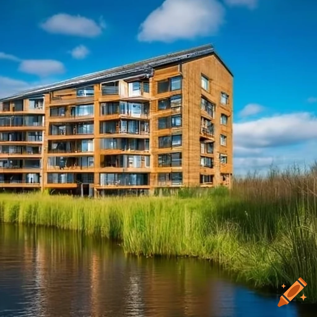 Modern timber apartments with balconies on stilts in a british wetland