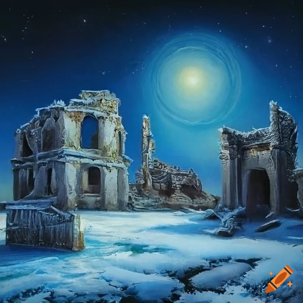 Frozen ruins on the surface of an icy planet with a starry sky, painted ...