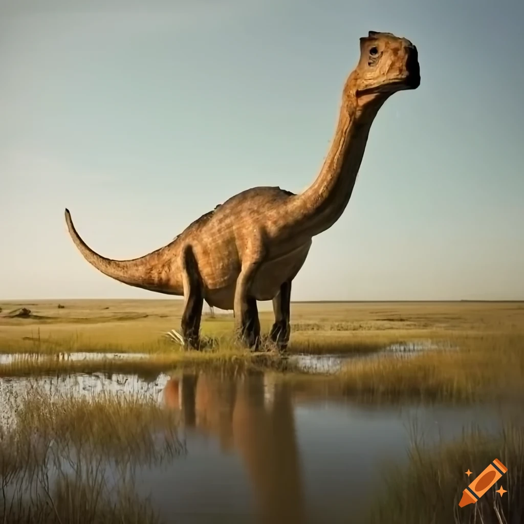 Three hadrosaurs walking through a marshland with some driftwood, taken ...