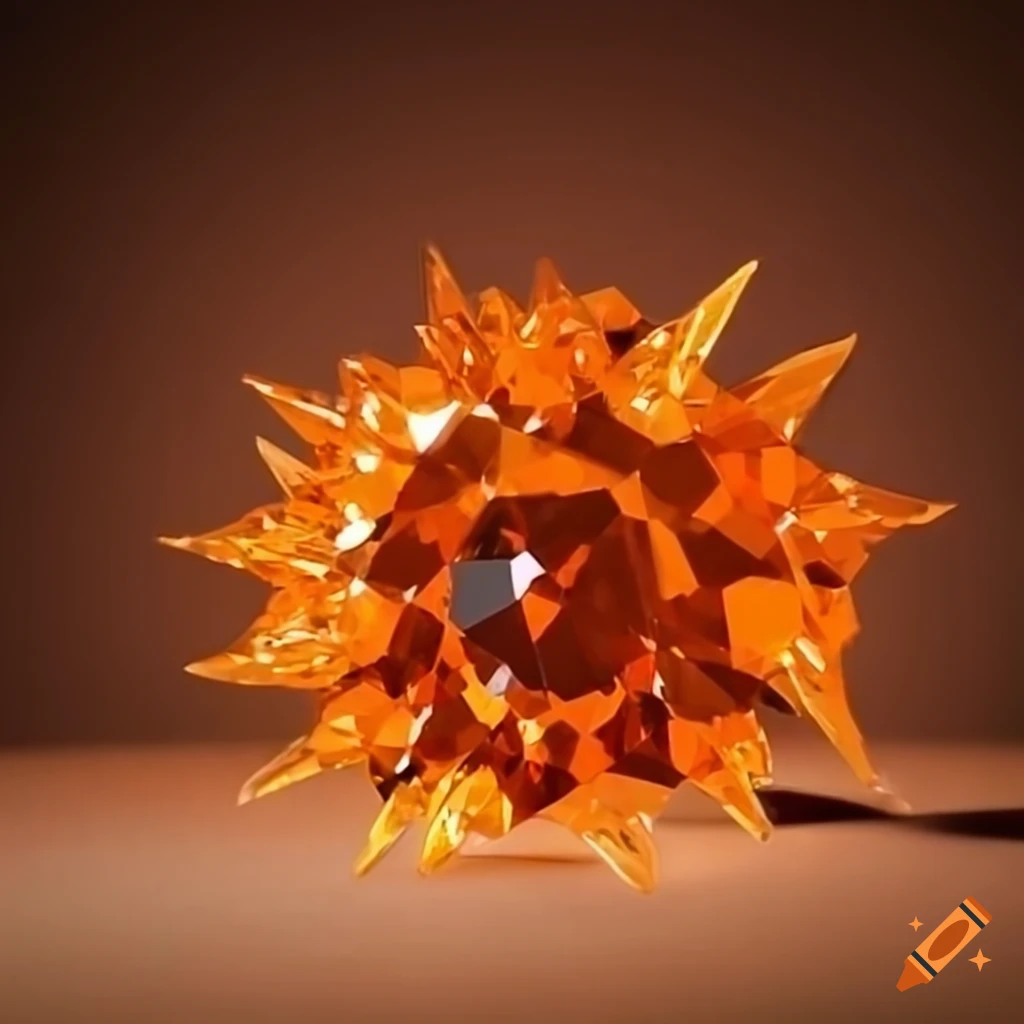 Fully crystal sun-shaped orange earring lying on an oak table