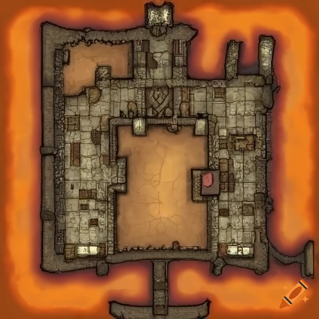 Top-down rpg game map depicting a castle ruin and burning city