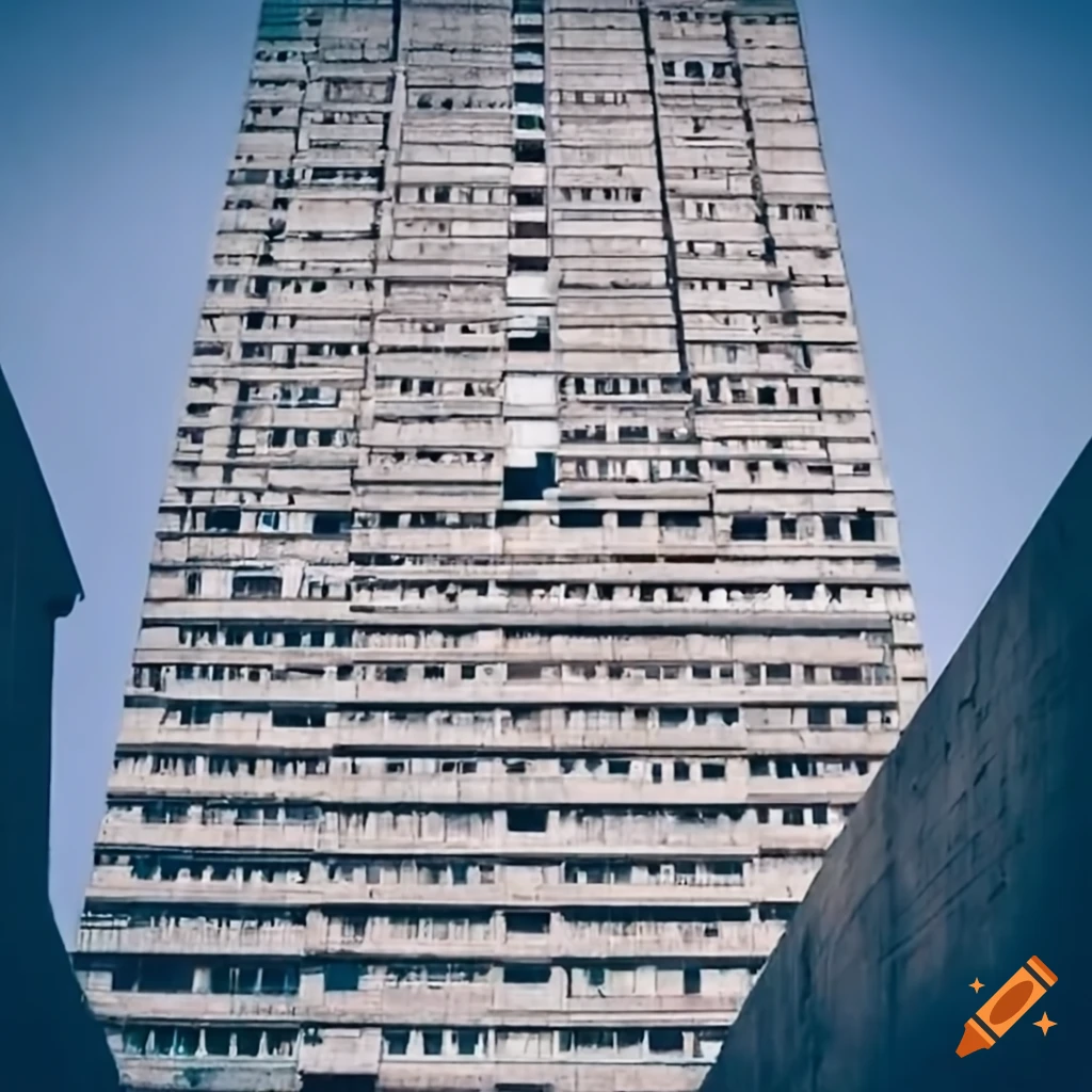 A tall brutalist concrete building on Craiyon
