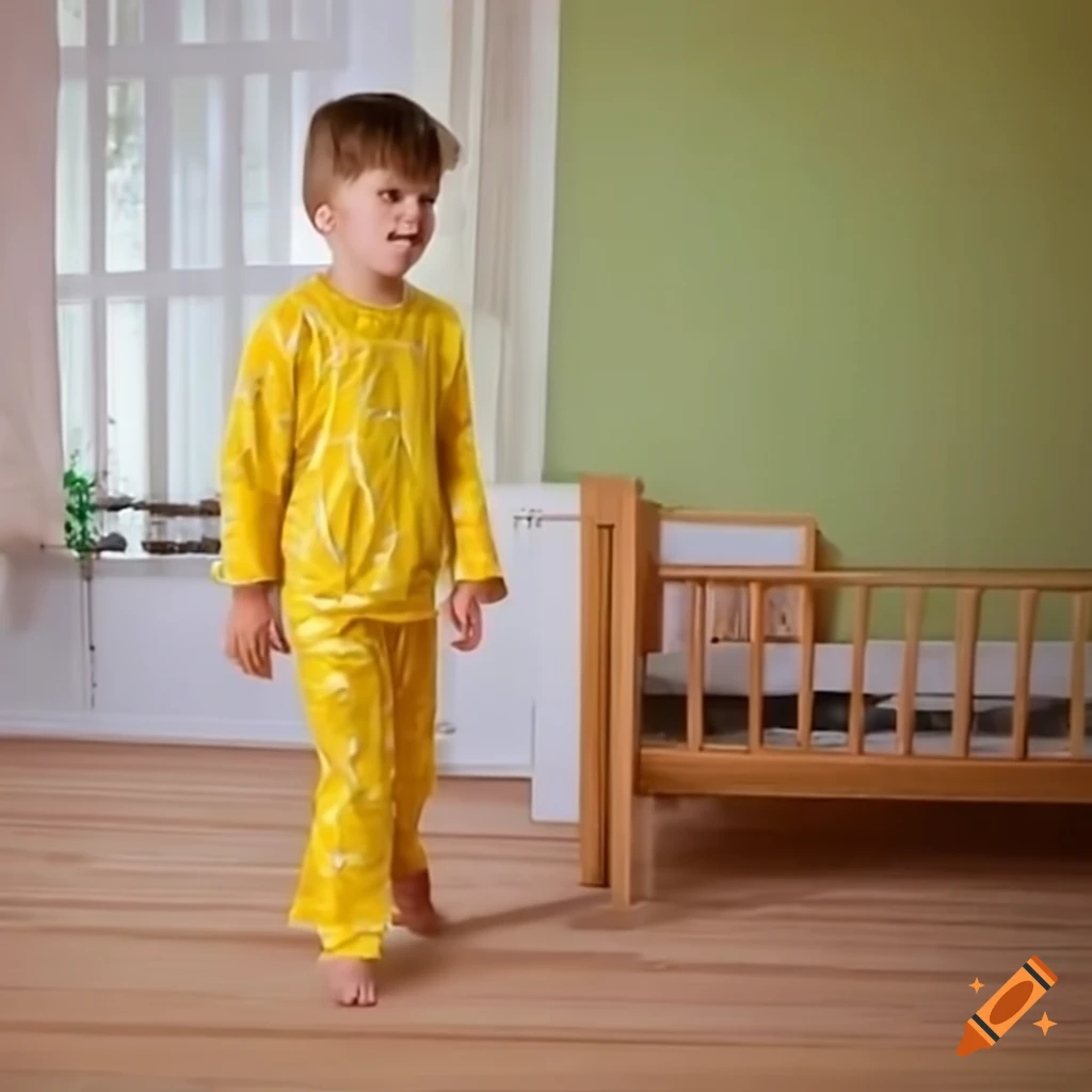 A boy wearing yellow pajamas walking into the bedroom