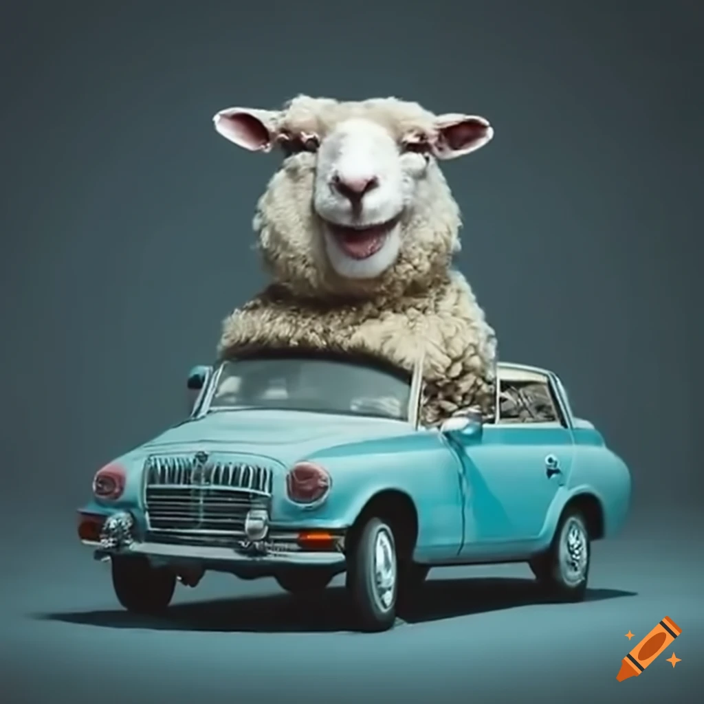 Smiling sheep driving a car on Craiyon