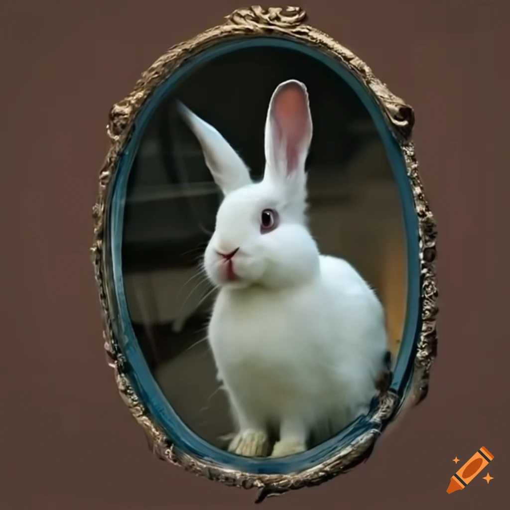 Reflection of a white rabbit in a mirror on Craiyon