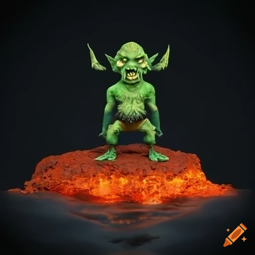 A goblin standing on a rock floating in lava