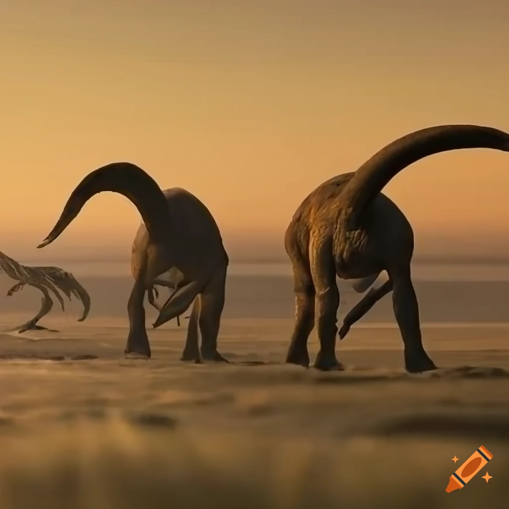 Three hadrosaurs walking through a marshland with some driftwood, taken ...