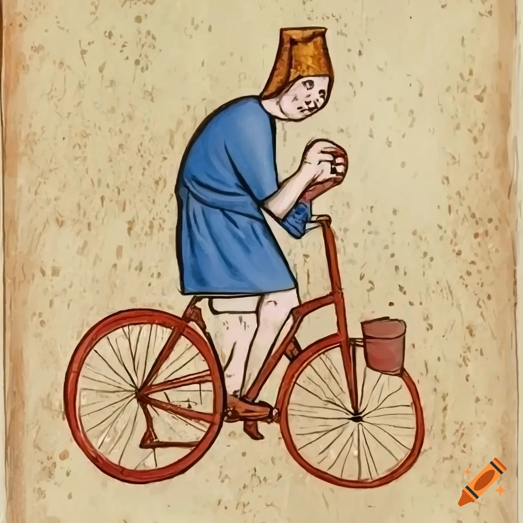 Medieval illustration of man on bicycle on Craiyon