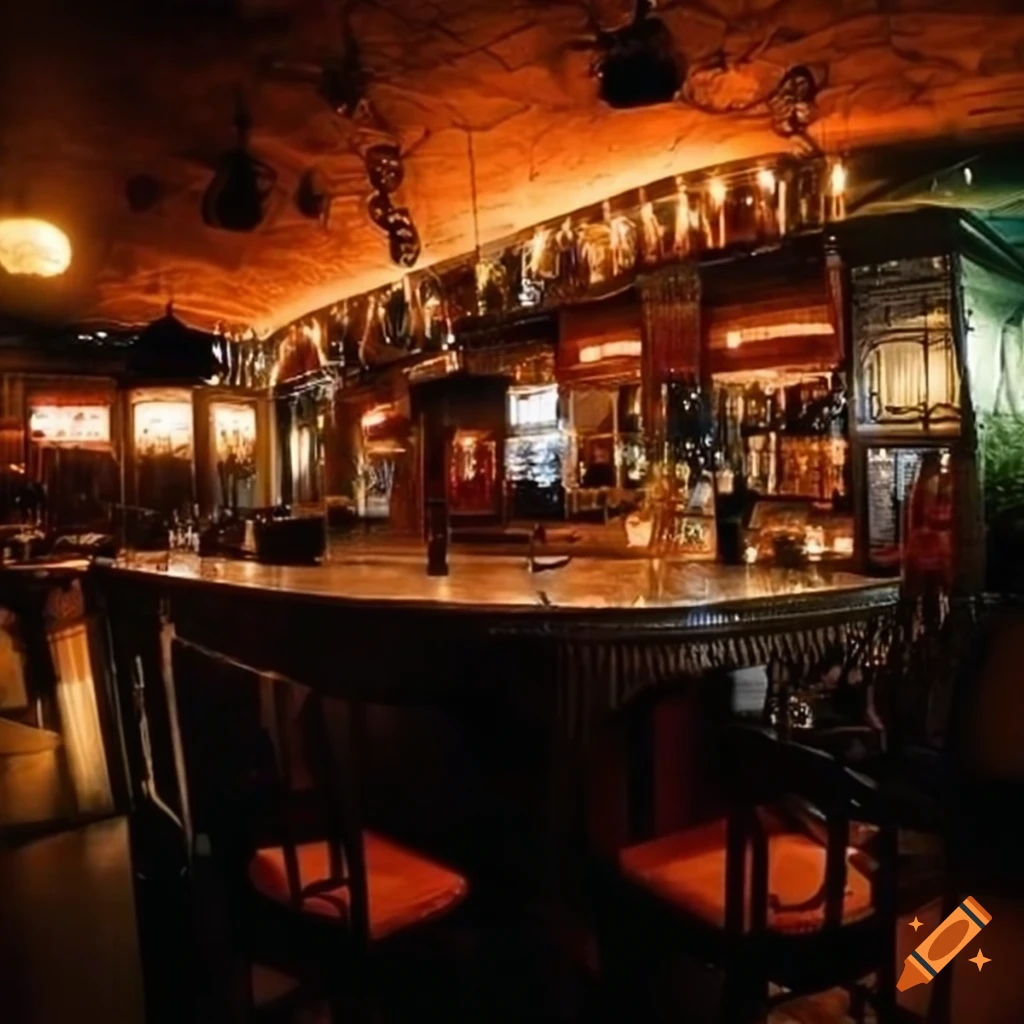 A bar at night with lights on on Craiyon