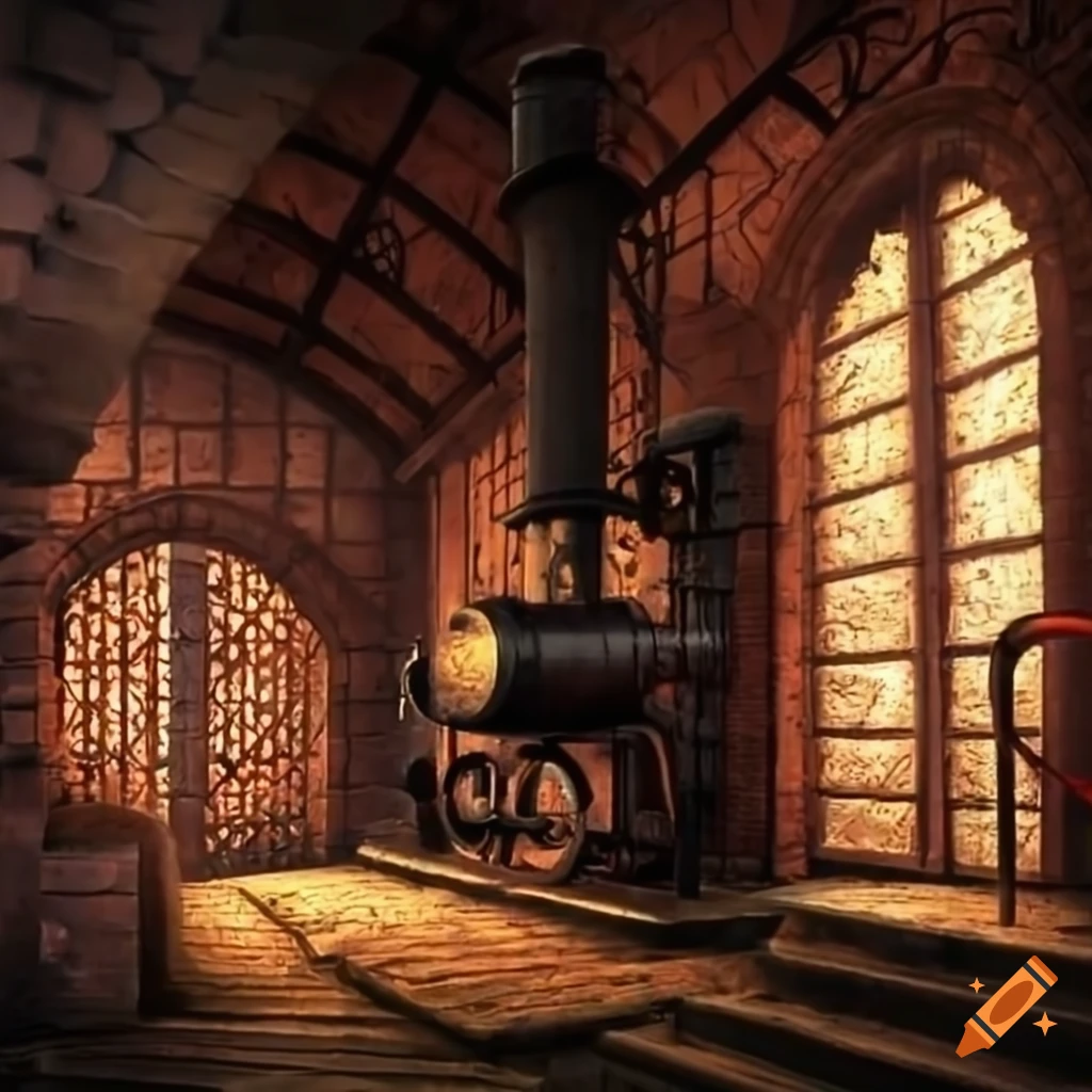 Medieval brick buildings in a steam engine setting on Craiyon