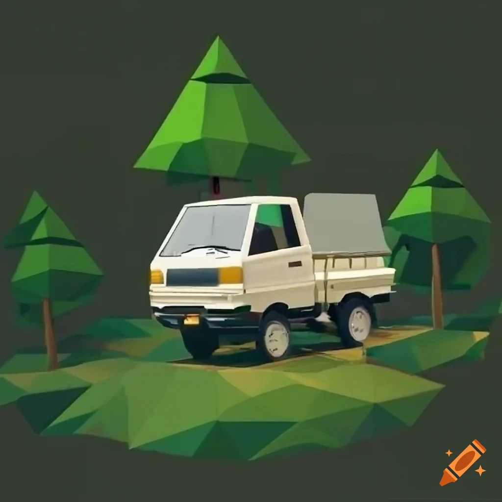 Kei Truck driving in away in the far distance in a forest in low poly ...