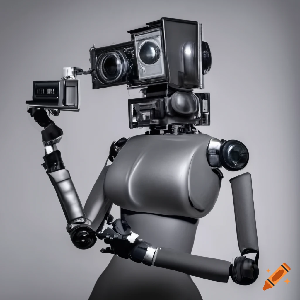 A female robot holding a large vintage black camera on Craiyon