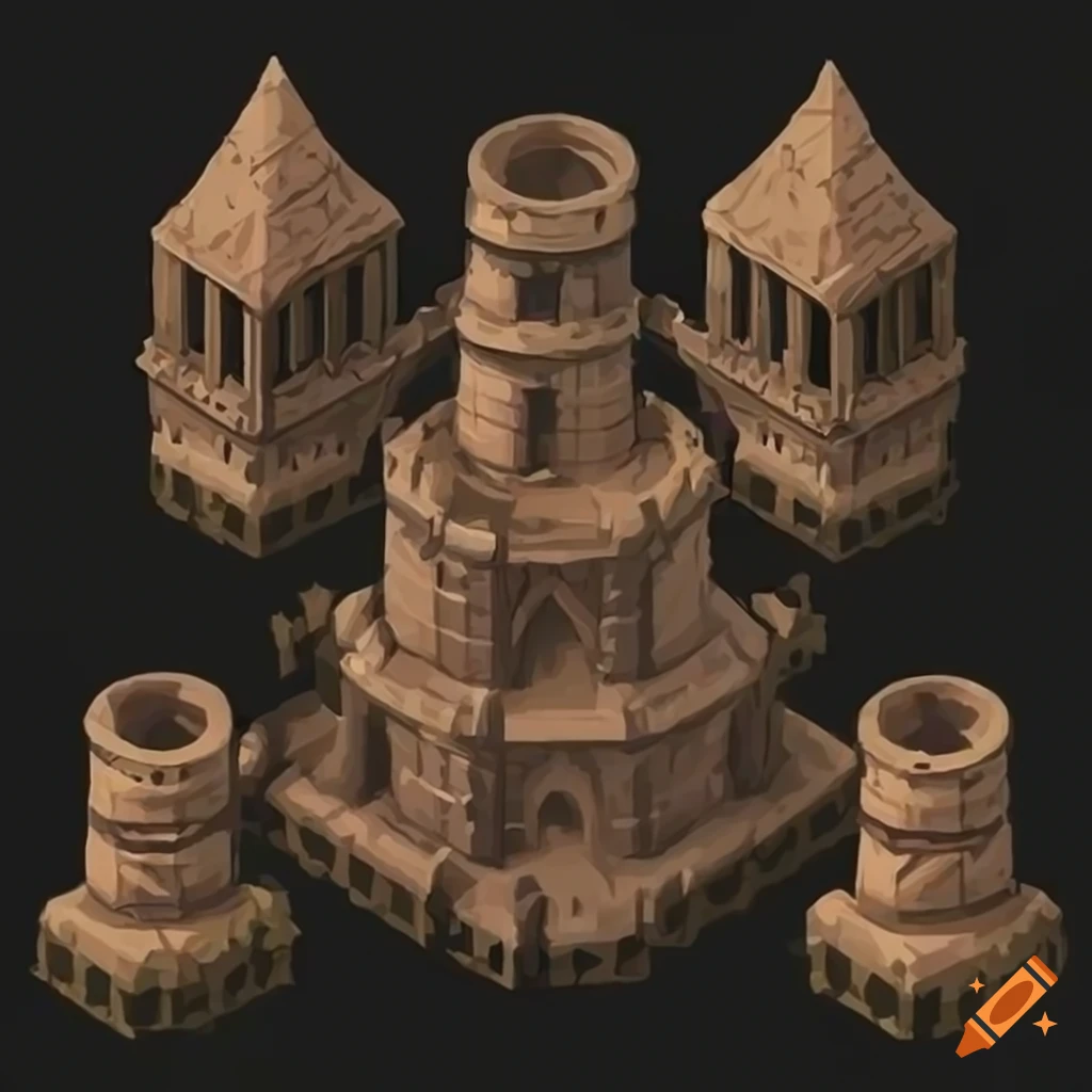 Sandstone rpg isometric tilesmap castle towers black background on Craiyon