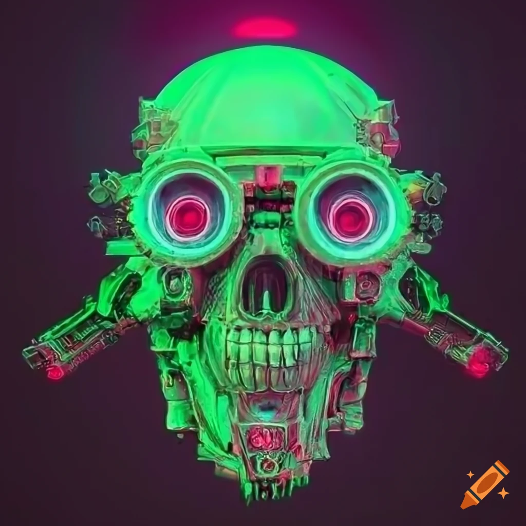 Detailed rendering of an adeptus mechanicus skull. protruding cables ...