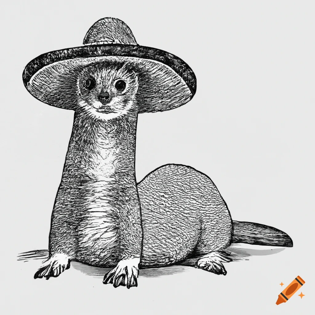A stoat wearing a sombrero in a laying pose, high quality monochrome ...