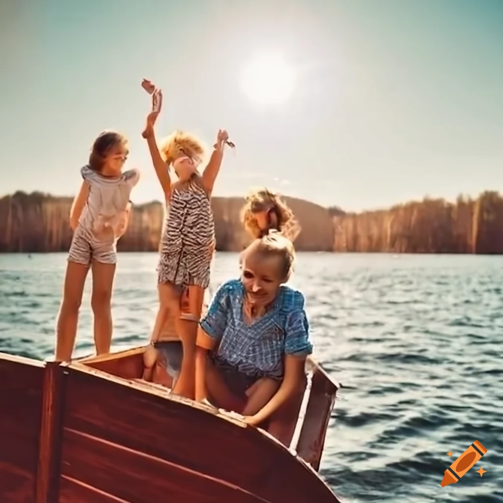 Family enjoying a sunny day on a vintage boat on Craiyon