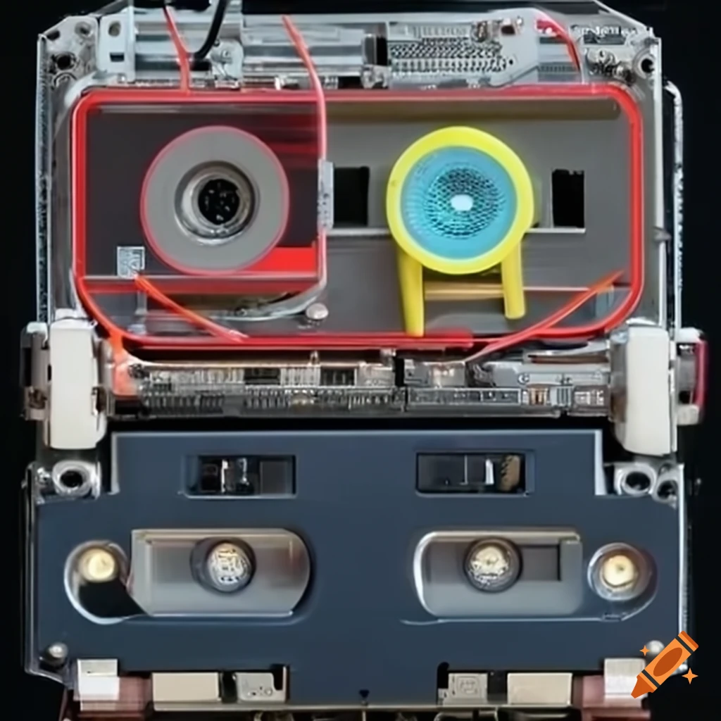 A robot built off compact cassette tapes and circuits on Craiyon