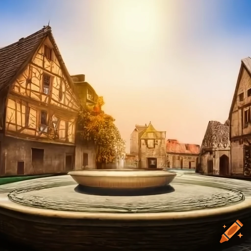 Realistic scenery of a large, circular water fountain in the city ...