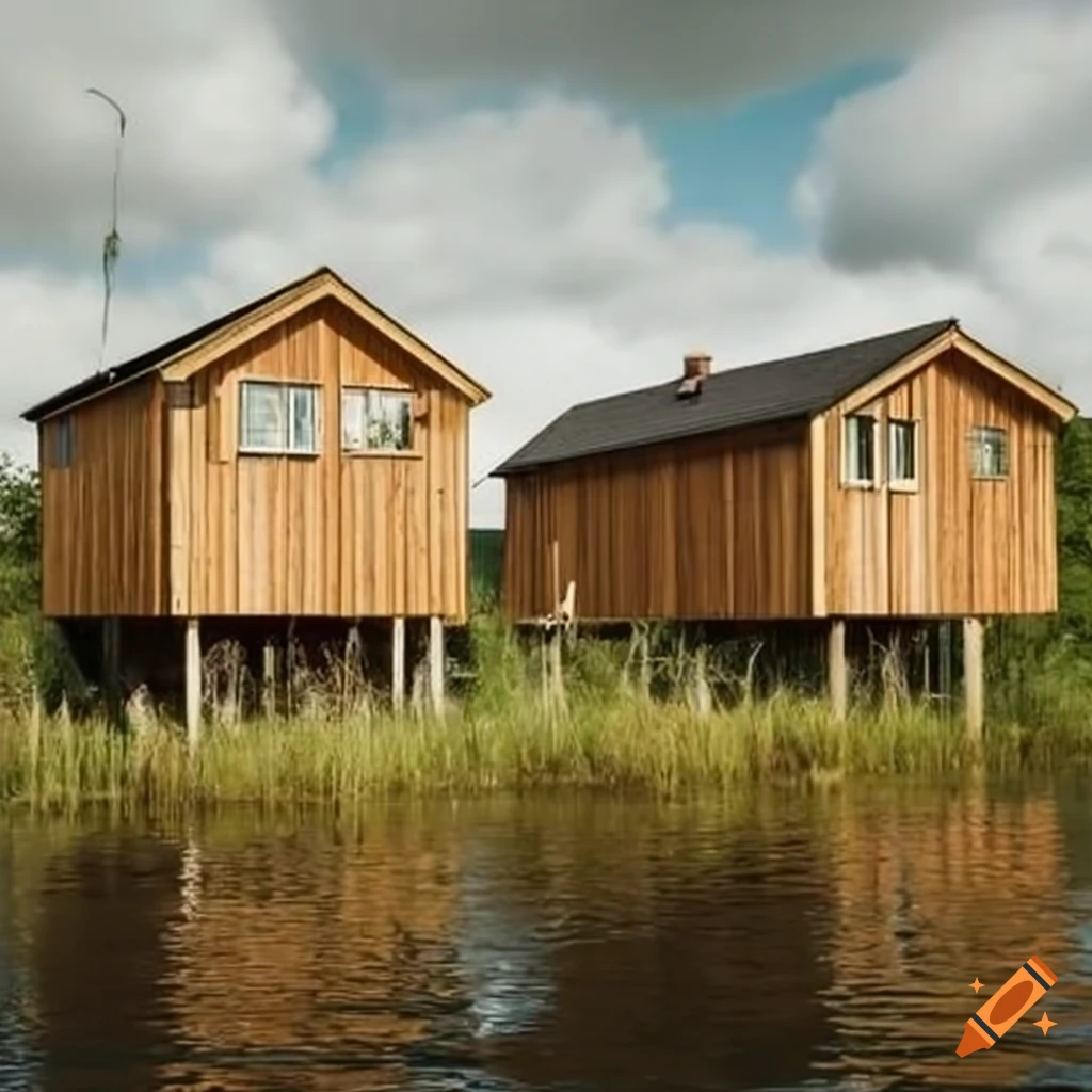 Modern timber small houses on stilts in an english wetland in summer on ...
