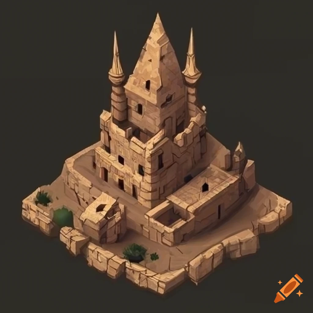 Sandstone rpg isometric tilesmap castle towers black background on Craiyon