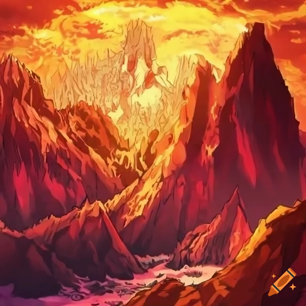 Manga-style artwork of a fiery kingdom with spiked mountains on Craiyon