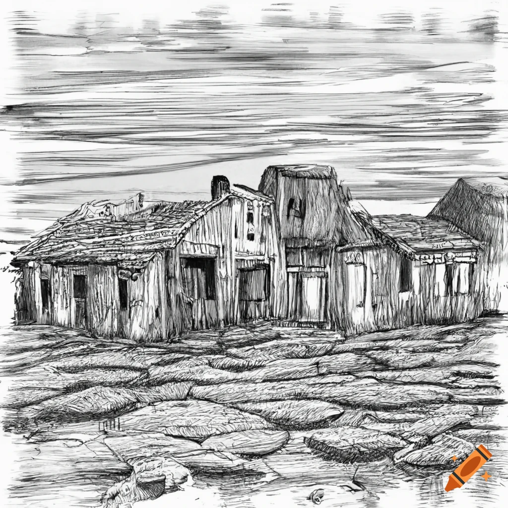 A hand-drawn illustration of an abandoned village with dilapidated ...