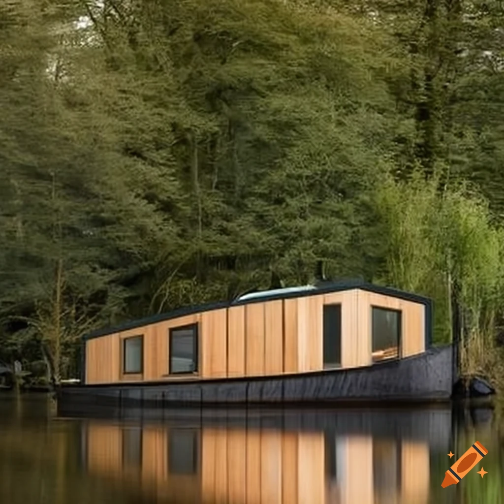 Modern timber house boats in a british wetland
