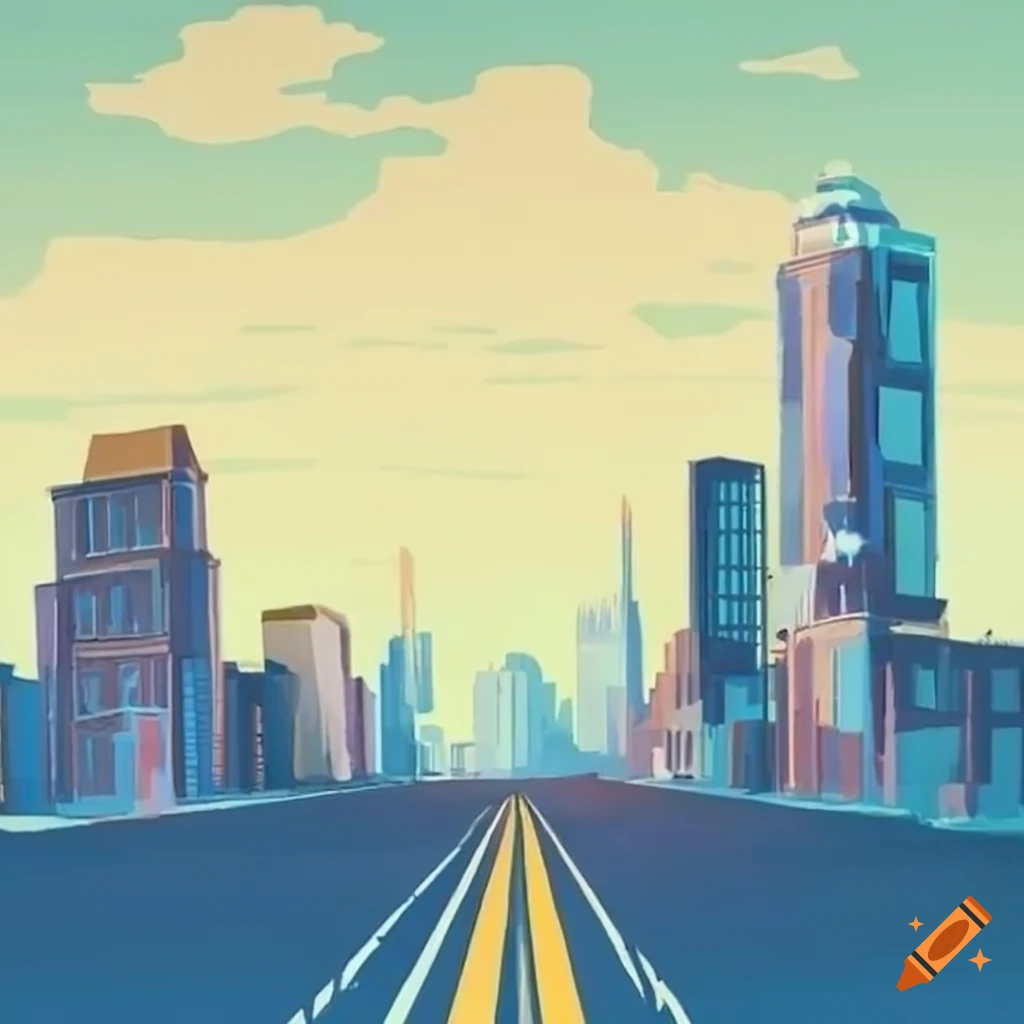 An animated drawing of a road and tall buildings on Craiyon
