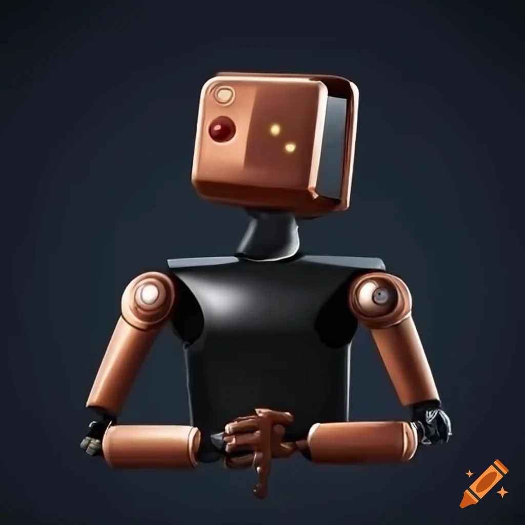 Square shaped robot with brown skin and red eyes, arms exposed through ...