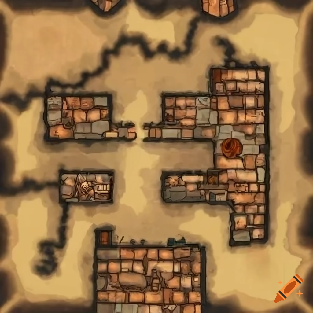 Top-down rpg game map depicting a castle ruin and burning city