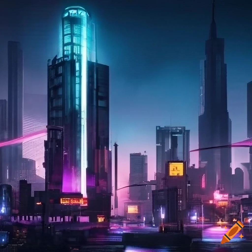 A futuristic metropolis skyline mixed of decopunk and cyberpunk. In a ...