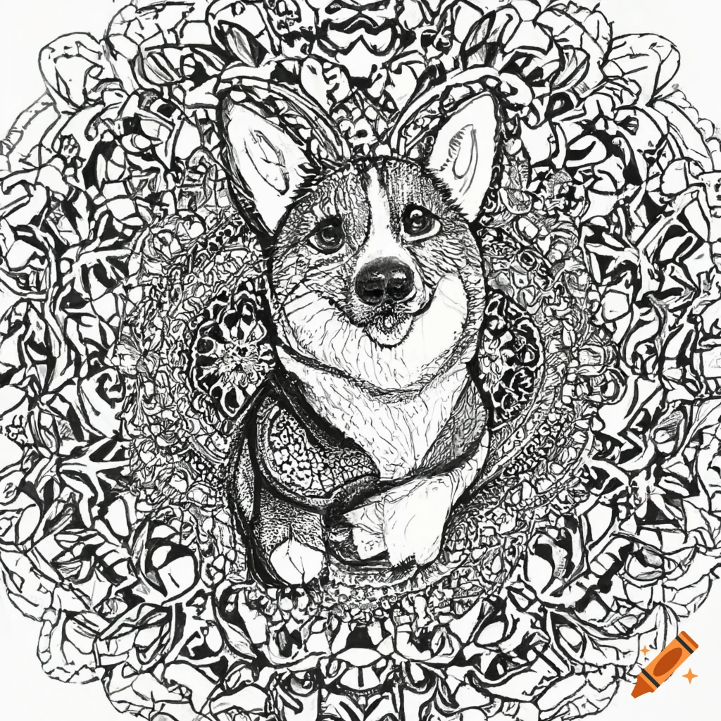 A mandala-style playful corgi drawing for color therapy on Craiyon