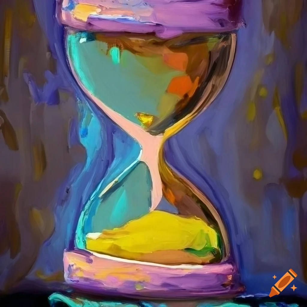An artistic hourglass painted with palette knife technique on black ...