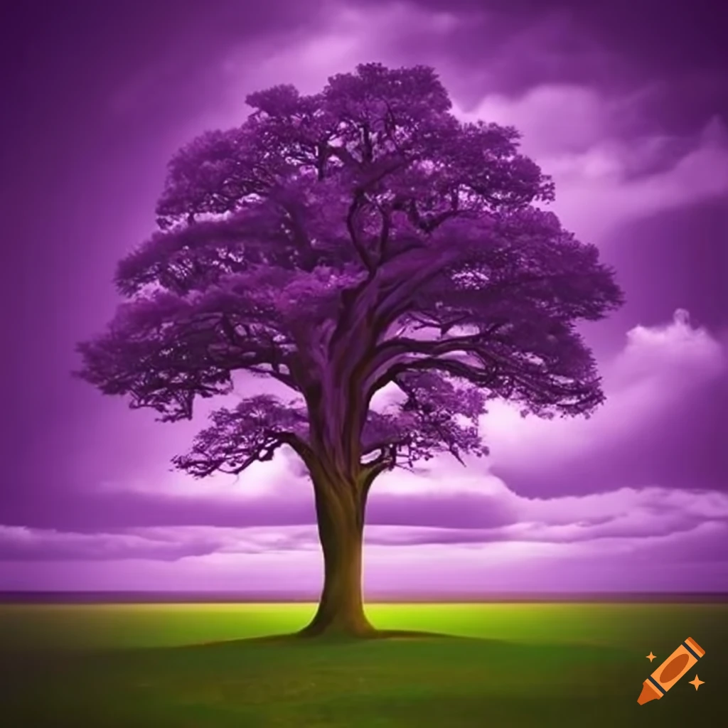 Children's oak tree with purple backgound and clouds