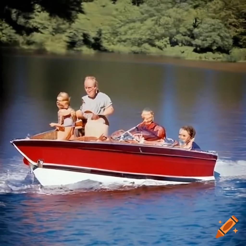 1960's family in a red vintage fiberglass runabout boat on the water on ...