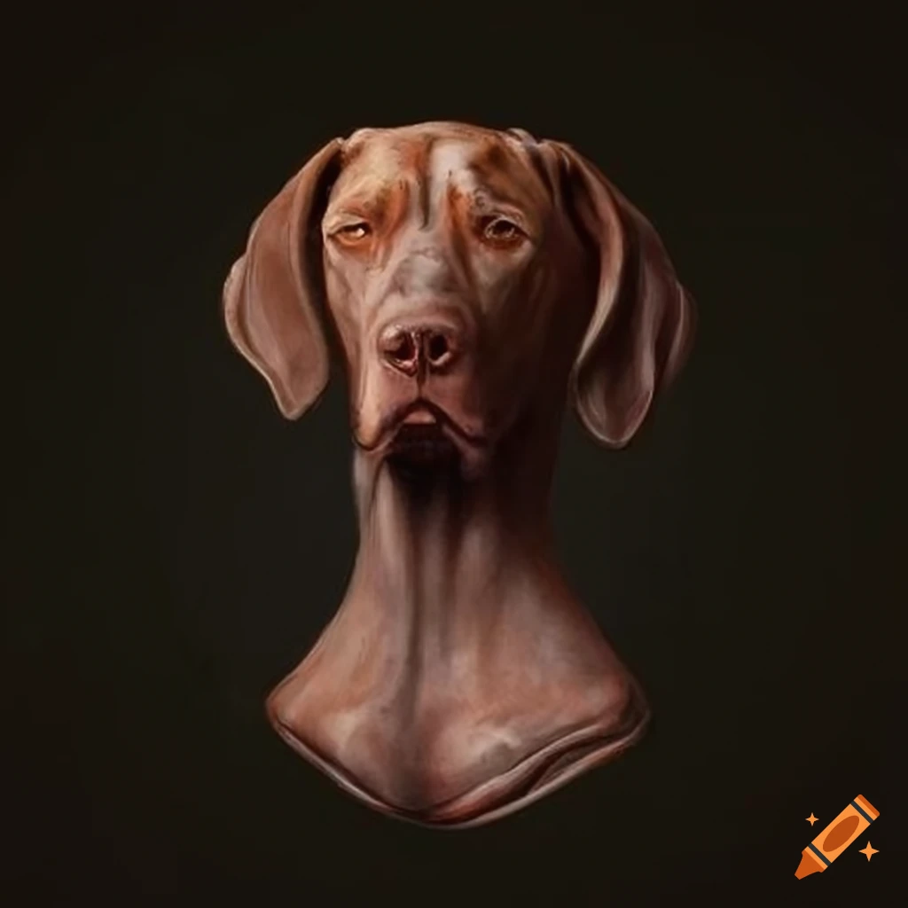 A pointillist portrait of a braque dog on a man's bust