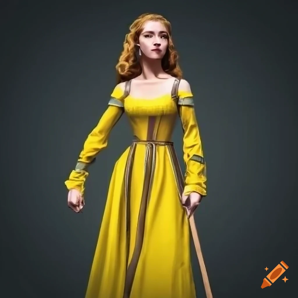 Medieval woman in yellow dress with cane