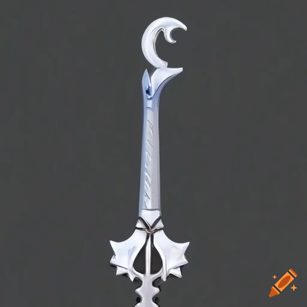 A white silver keyblade with a heart shaped moon design