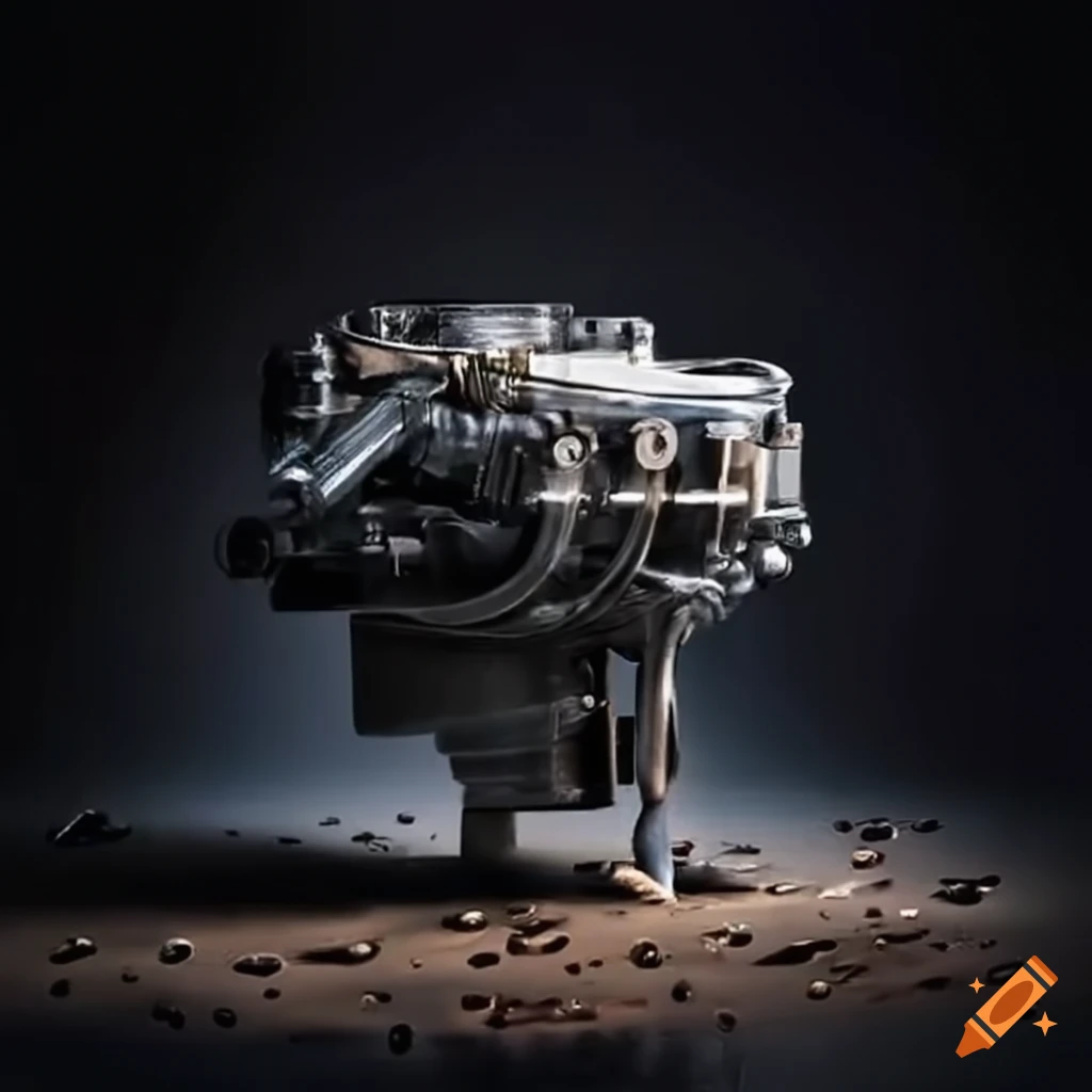 An engine with an oil leak and an oil stain on the ground