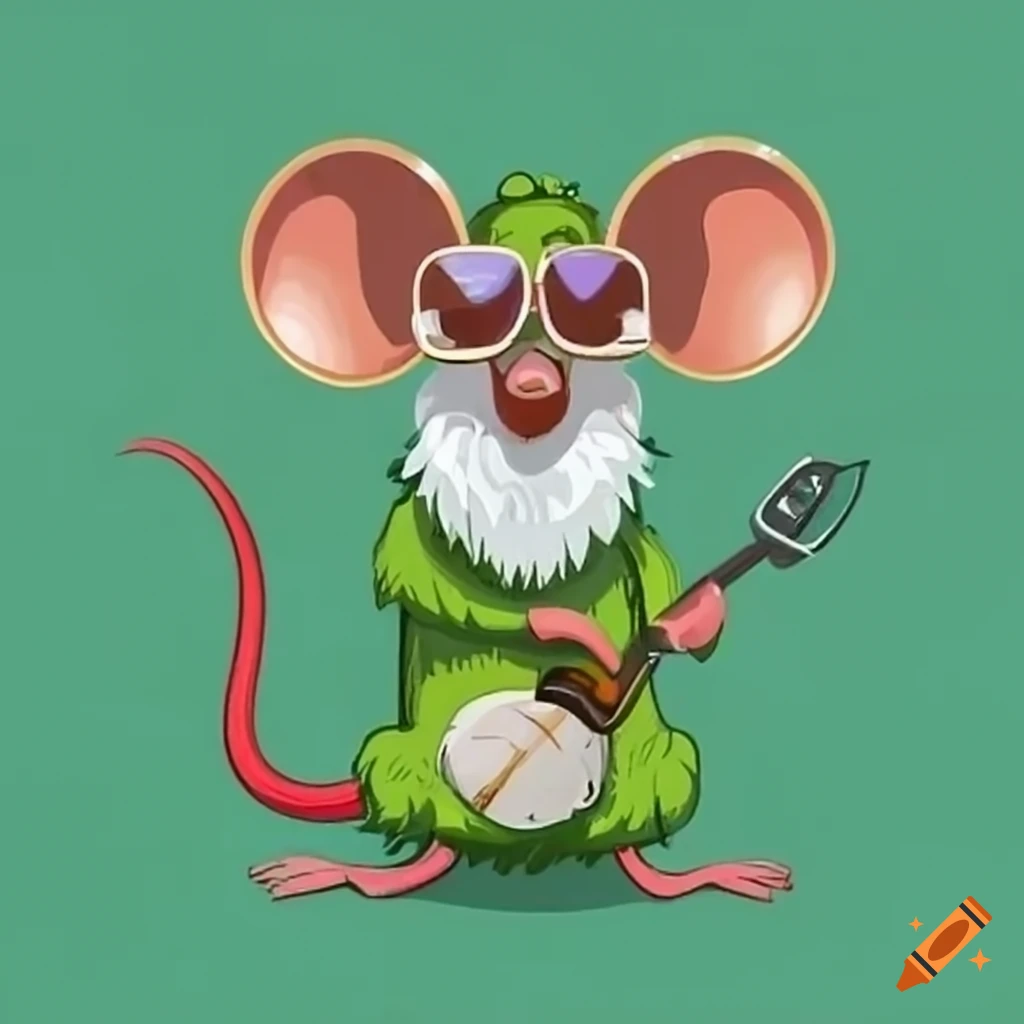 A green mouse with a white beard and with brown aviator glasses