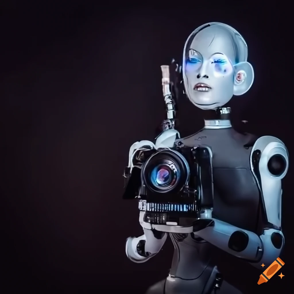 A futuristic female robot taking picture with an old vintage black ...