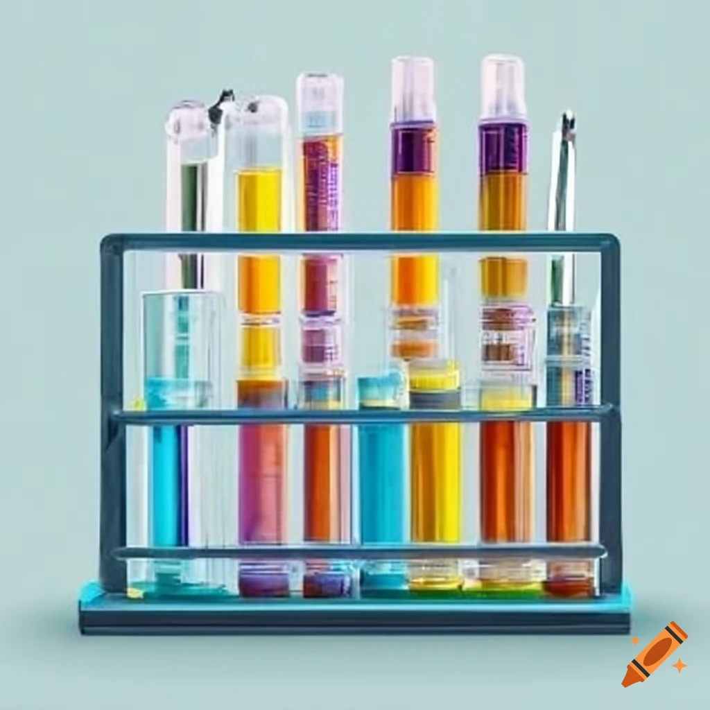 A laboratory test tubes rack with pens in the rack on Craiyon