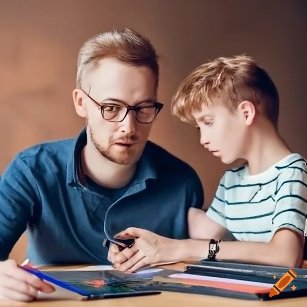 A father-son duo solving problems together using diagrams and charts on ...