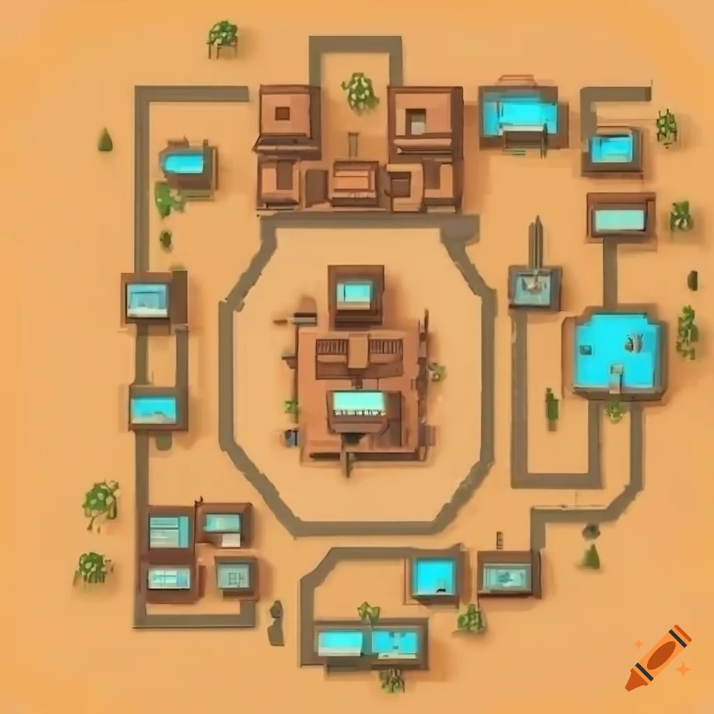 Completely top-down map-style view of desert town, videogame-styled, 16 ...