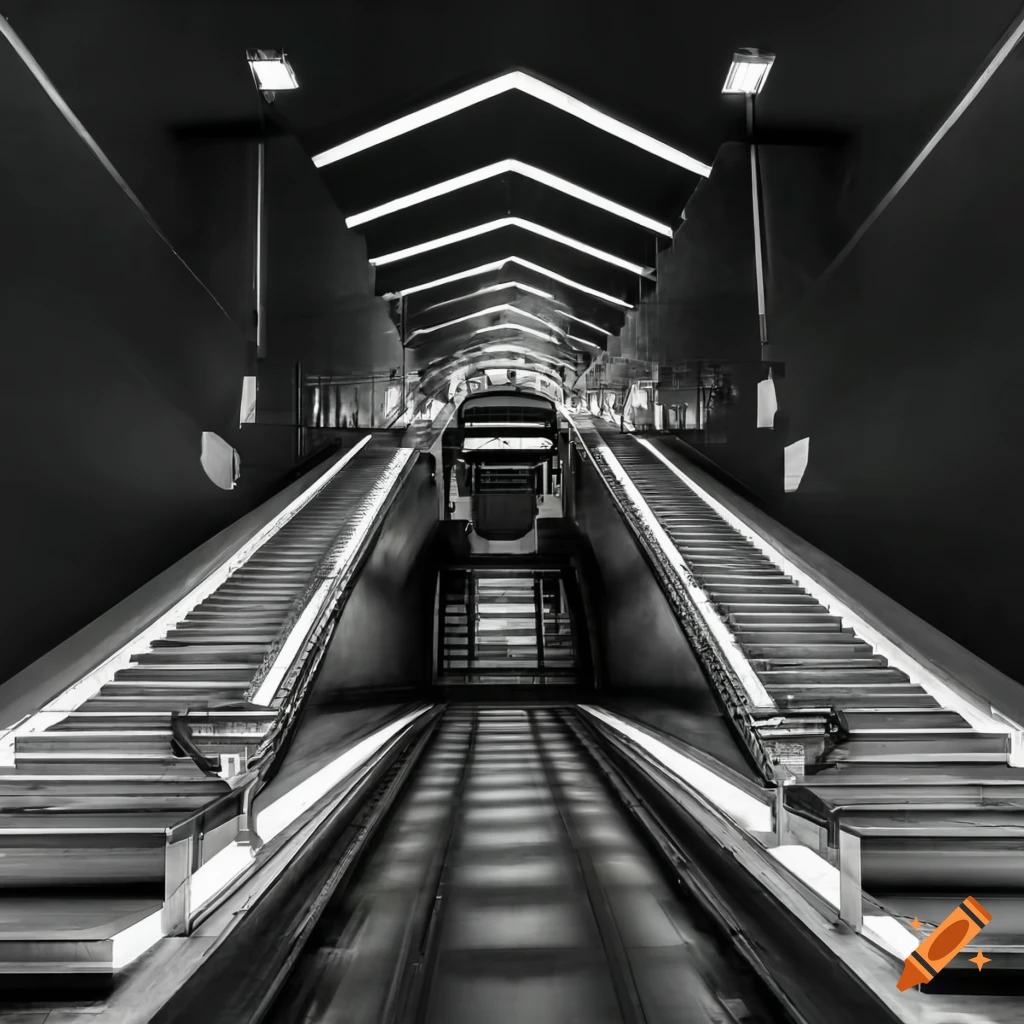 Modern metro station with large electric stairs and white and black ...